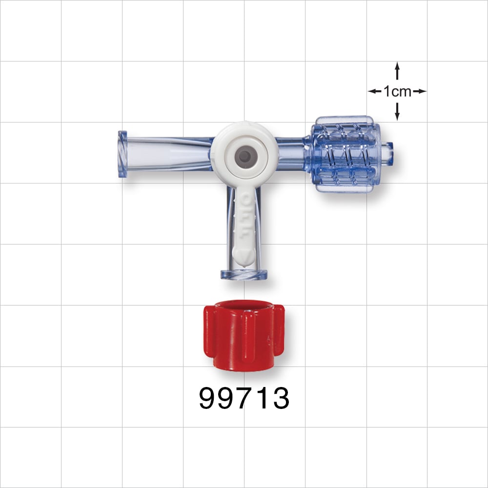 3-Way Stopcock, 2 Female Luer Locks, Swivel Male Luer Lock, Vented Cap - 99713